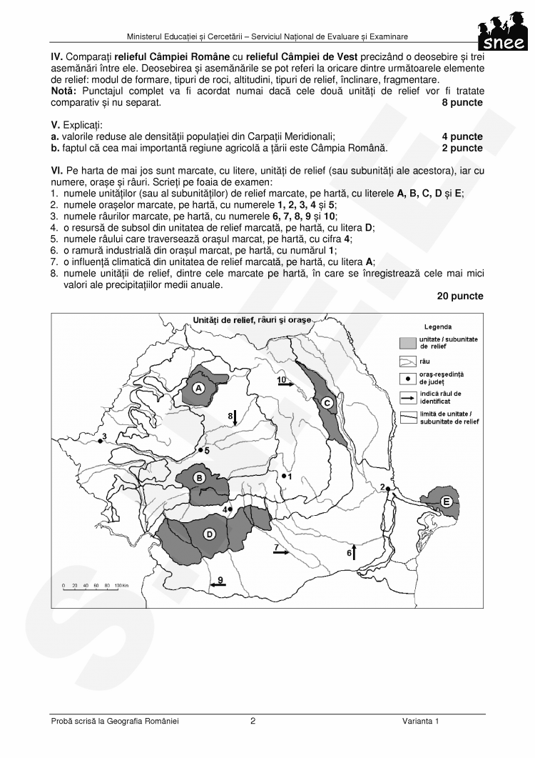 Subiecte examen Teste Nationale 2007 - Geografia Romaniei - varianta 1 bac